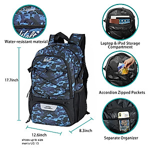 WOLT | Basketball Equipment Backpack, Large Sports Bag with Separate Ball Holder & Shoes Compartment, Best for Basketball, Soccer, Volleyball,Gym,Travel(Camouflage Blue)