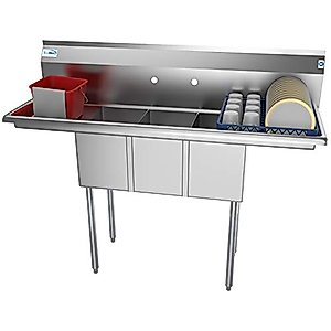 KoolMore - SC101410-12B3 3 Compartment Stainless Steel NSF Commercial Kitchen Sink with Right and Left Drainboards - Bowl Size 10" x 14" x 10", Silver