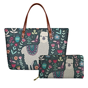 Xhuibop Llama Handbag and Wallet Set of 2 Pieces Floral Teen Girls Wallets Large Capacity Shoulder Handbags for Women Medium Size Blue