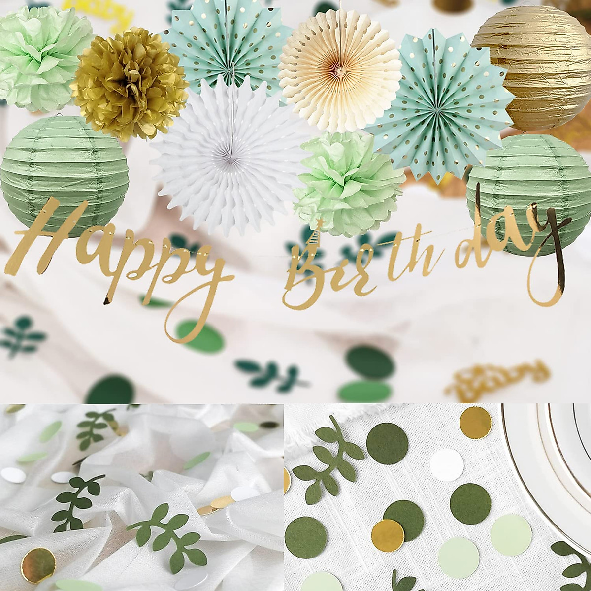 Sage Green Gold Birthday Party Decorations Paper Fans Paper Lanterns Sage Green Gold Scatter Table Decoration for Girls Women Birthday Sage Green Nature Baby Shower Party Decoration