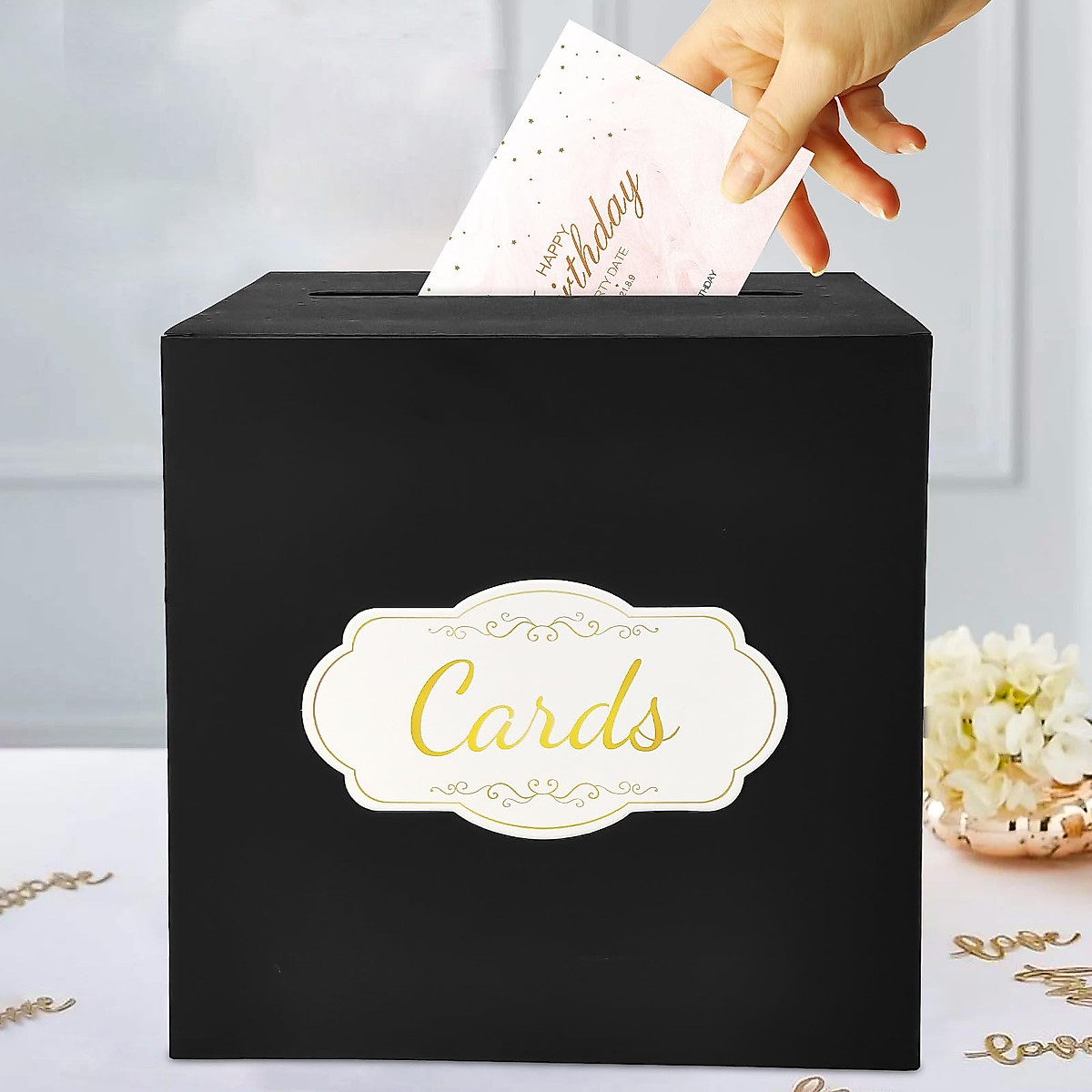 QIKSION Black Card Box for Party, Black Gift Card Box Holder Money Box for Weddings, Graduation, Birthdays, Baby Showers, Retirements, Open Houses, Anniversaries