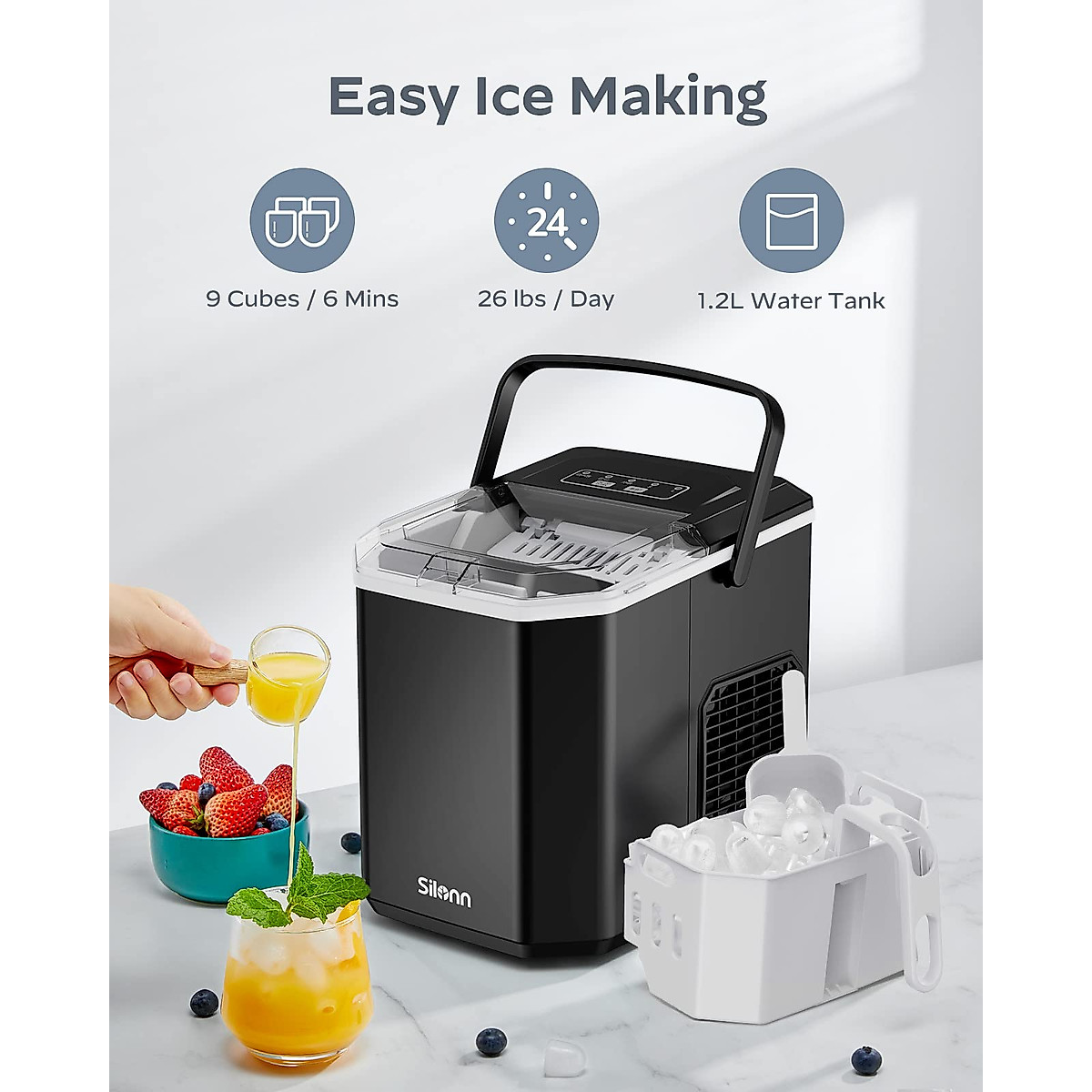 Silonn Ice Maker Countertop, Portable Ice Machine with Carry Handle, Self-Cleaning Ice Makers with Basket and Scoop, 9 Cubes in 6 Mins, 26 lbs per Day, Ideal for Home, Kitchen, Camping, RV