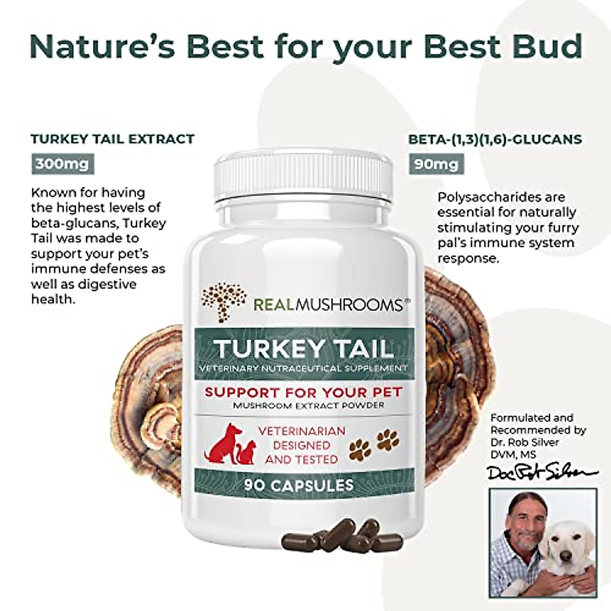Turkey Tail Pet Support - Dog Multivitamins and Supplements for Immune Support, Gut Health & Wellness - Grain-Free, Gluten-Free, Vet-Approved Dog Supplement (90ct)