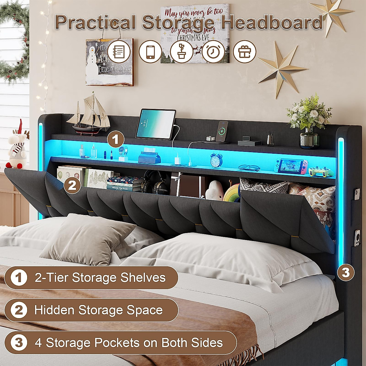 busyaeh King Floating Bed Frame with Hidden Storage Space and Charging Station, RGB Light Fabric Platform Bed with LED Light, No Box Spring Needed, Dark Gray