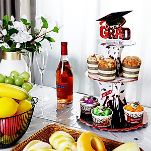 Nuenen 2 Pieces Graduation Cupcake Stand 3 Tier Black Graduation Cupcake Holder 2024 Congrats Grad Cupcake Holder Dessert Tower for Graduation Party Decorations Supplies Favors (Red)