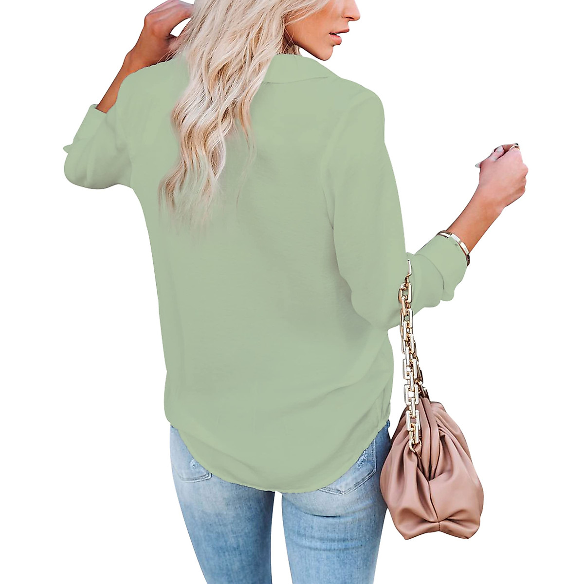 Diosun Womens Button Down V Neck Shirts Long/Short Sleeve Office Casual Business Plain Blouses Tops (Medium, Bean Green)