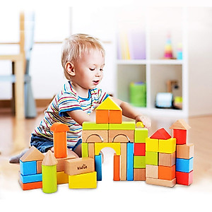 ZONXIE Classic 80pcs Wooden Natural and Color Building Blocks Set for Toddlers 1 2 3 4 Years Educational Preschool Learning Toys with Carrying Bag (Small-Natural)