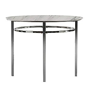 Benjara Contemporary Round Dining Table with Faux Marble Top, White and Chrome