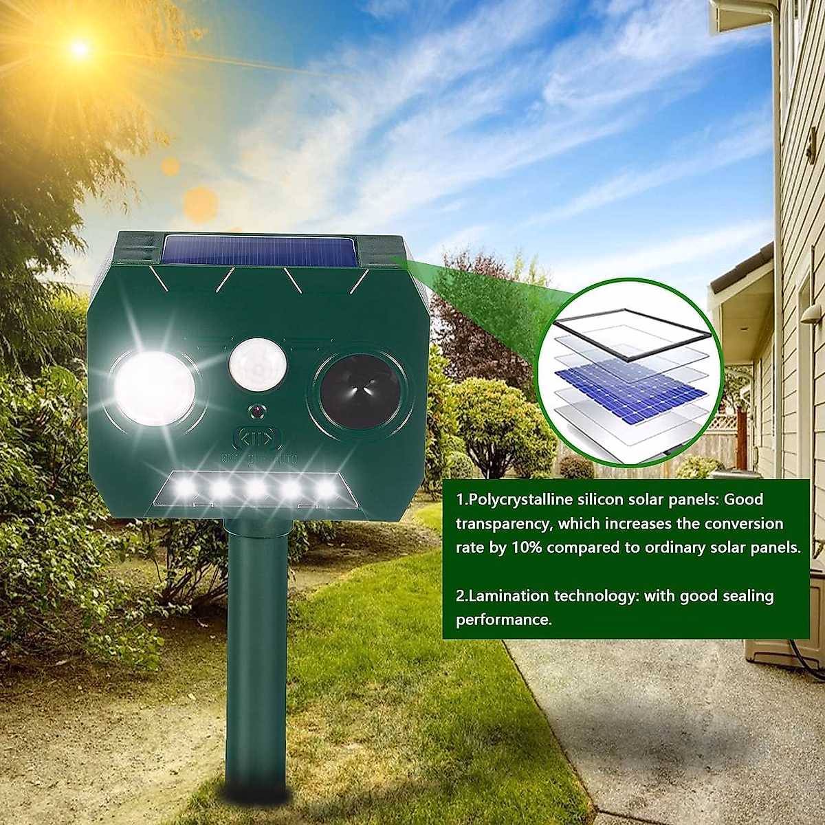 2 Pcs Solar Ultrasonic Animal Repellent 2024 Newest Cat Deterrent Outdoor with Motion Detector & Flash Light to Repel Squirrel, Cat, Deer, Skunk, Rabbit, Dog, Raccoon, Bird for Yard Lawns