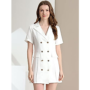 Allegra K Women's Notched Lapel Double Breasted Casual Work Office Belted Blazer Dress Medium White