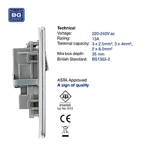 BG Electrical Double Switched Screwless Flat Plate Power Socket, Brushed Steel, 13 Amp