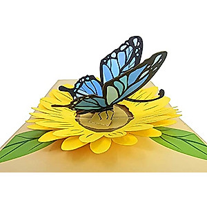 PopLife Blue Butterfly and Sunflower Pop Up Mother's Day Card - 3D Anniversary, Valentine's Day Card, Thank You, Happy Birthday - for Mom, for Wife, for Daughter, for Sister