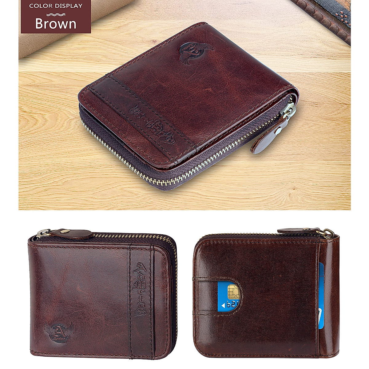 Admetus Wallet for Men Leather Zipper Bifold Wallet RFID Blocking Credit Card Holder with Gift Box Brown