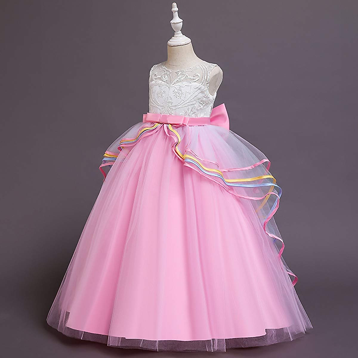 NEWEPIE Girls Unicorn Costume Bowknot Princess Birthday Tulle Lace Dress Christmas Party Carnival Halloween Outfit w/Headband Pink 8-9T