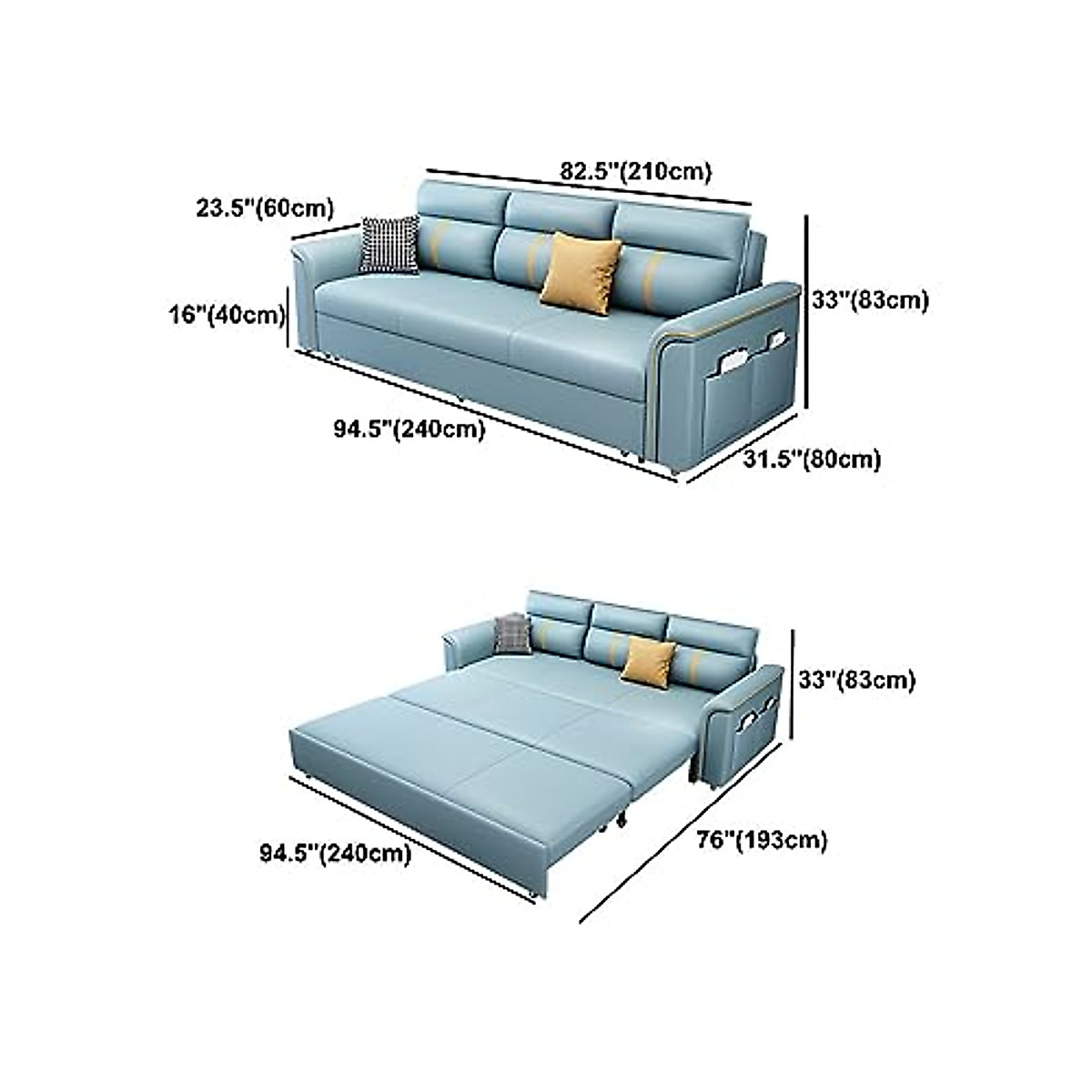 LAKIQ Contemporary Blue Sofa Bed with Storage Faux Leather, Metal, Sponge Seat Fill Loveseat Couch (94.5" L x 31.5" W x 33" H)