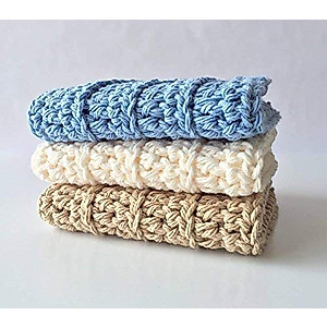 Handmade Crochet Washcloths set of 3, 100% cotton, Dish cloths, Dish Towels, Baby wipes, Baby washcloths, Spa Cloths, Blue Cotton Washcloths, linen