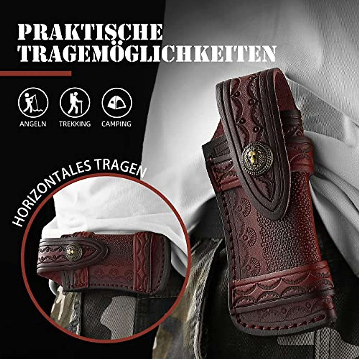 Omesio Damascus Folding Pocket Knife with Leather Sheath, Handcrafted 5-Inch Damascus Steel Hunting Knife with Vg10 Core, Wooden Handle, EDC Japanese Knife with Liner Lock for Outdoor Survival Camping