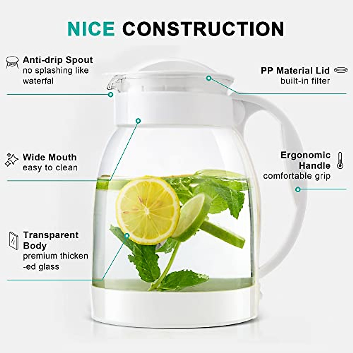 Glass Pitcher - HIHUOS 68oz Water Pitcher with Lid and Spout - Refined Beverage Pitcher with Handle for Easy Cleaning, Glass Jug for Water, Iced Tea, Juice, Lemonade