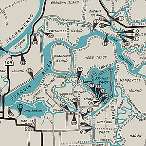 Map of Central California Striped Bass Fishing Grounds, Waterways, and Roads circa 1952 - from San Francisco to Stockton - Maps Inset Shows Boat Rentals (24 inches x 36 inches)