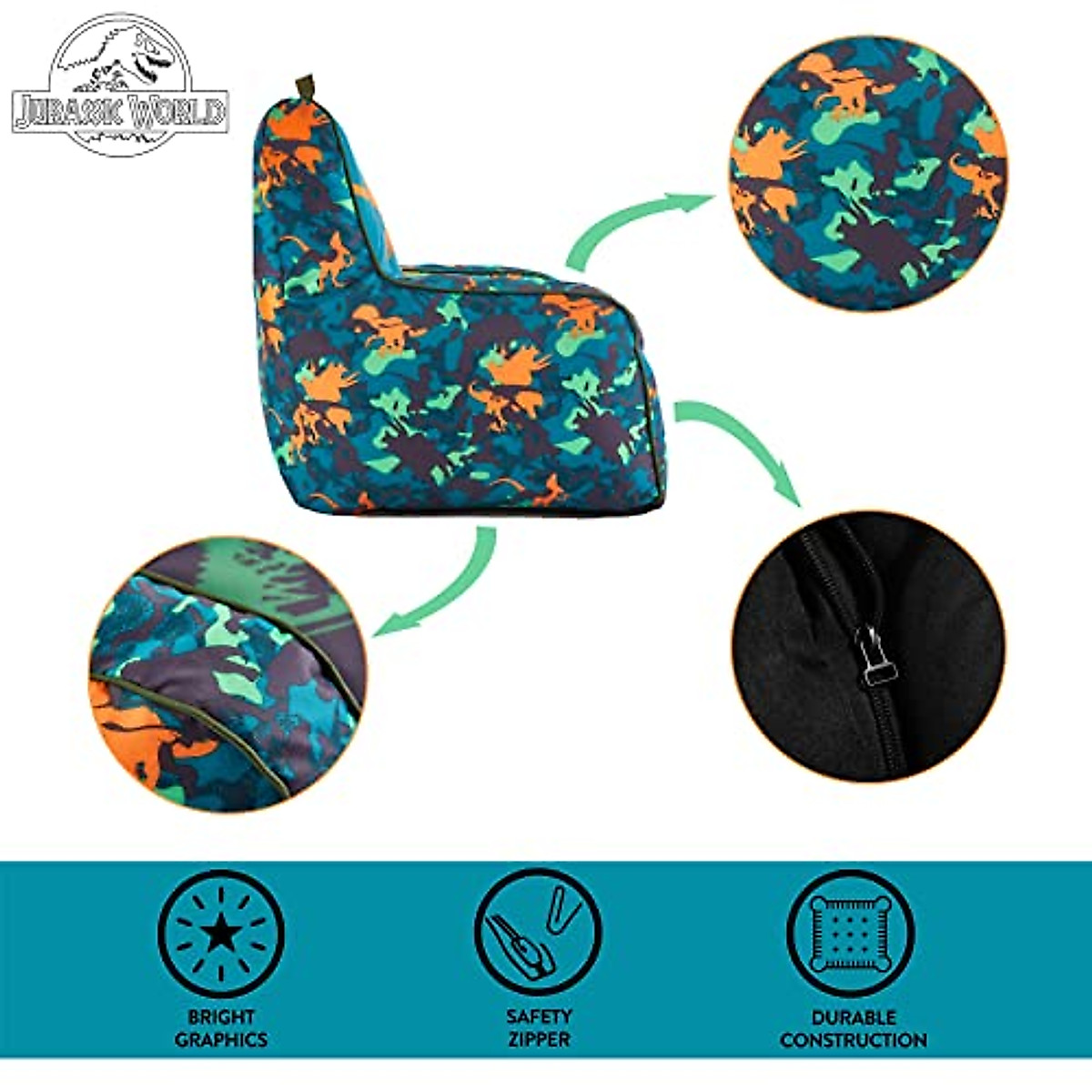 Jurassic World 2 Kids Nylon Bean Bag Chair with Piping & Top Carry Handle, Blue, 18" H x 18" W