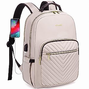 LOVEVOOK Laptop Backpack Purse for Women, Work Business Travel Computer Bags, College Nurse Backpack for Womens, Quilted Casual Daypack with USB Port, Fit 15.6 Inch Laptop, Antiquewhite