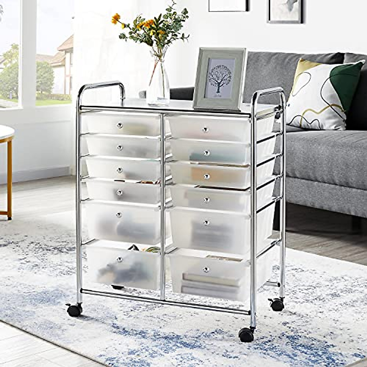 Utility Cart with 12 Drawers Rolling Multipurpose Movable Organizer Cart Storage Bin Trolley Tools Scrapbook Paper Organizer on Wheels(White)