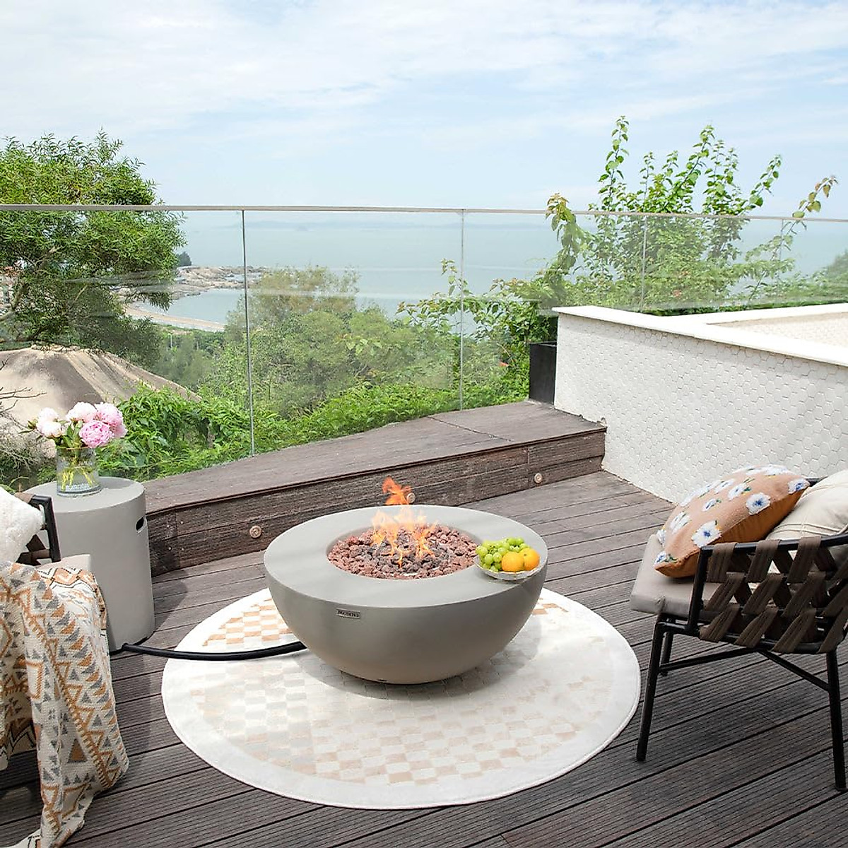 Roca Concrete Fire Pit 34" x 34" Outdoor Patio Firepit Includes Lava Rocks Modern Fire Pits & Outdoor Fireplaces for Garden, Deck, Indoor & Outdoor Heating