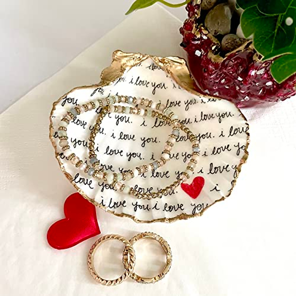 Nafiart Studio Love Trinket Dish - Natural Shell Jewelry Tray Organizer, Ring Holder - Home Decor - Gifts for Valentines Girlfriend Women Girl Gifts Present Birthday Red Heart Gift Box