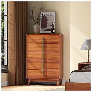JOINICE,Mid Century Modern Dresser,5 Drawer Dresser with Storage,Chest of Drawers with Metal Handle,Large Wooden Drawer Organizer,Tall Dresser for Bedroom,Living Room,Hallway,Cherry