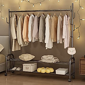 GAMNOF Clothes Rack with Wheels Clothing Racks for Hanging Clothes Garment Rack with Two Shelves and 7 Side Hooks Metal Rolling Rack for Clothes Hats Bags and etc Storage and Organizer