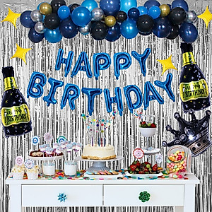 Happy Birthday Decorations for Men, Royal Blue Bday Party Decorations for Men Women Boys with Foil Fringe Curtains,Happy Birthday Banner Balloons,Party Supplies for 20th 25th 30th 35th 40th 50th 60th