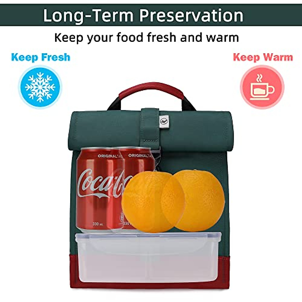 SUNNY BIRD Insulated Lunch Bag Rolltop Lunch Box Tote Lunchbox Bag for Women, Men, Adults and Teens (Green)