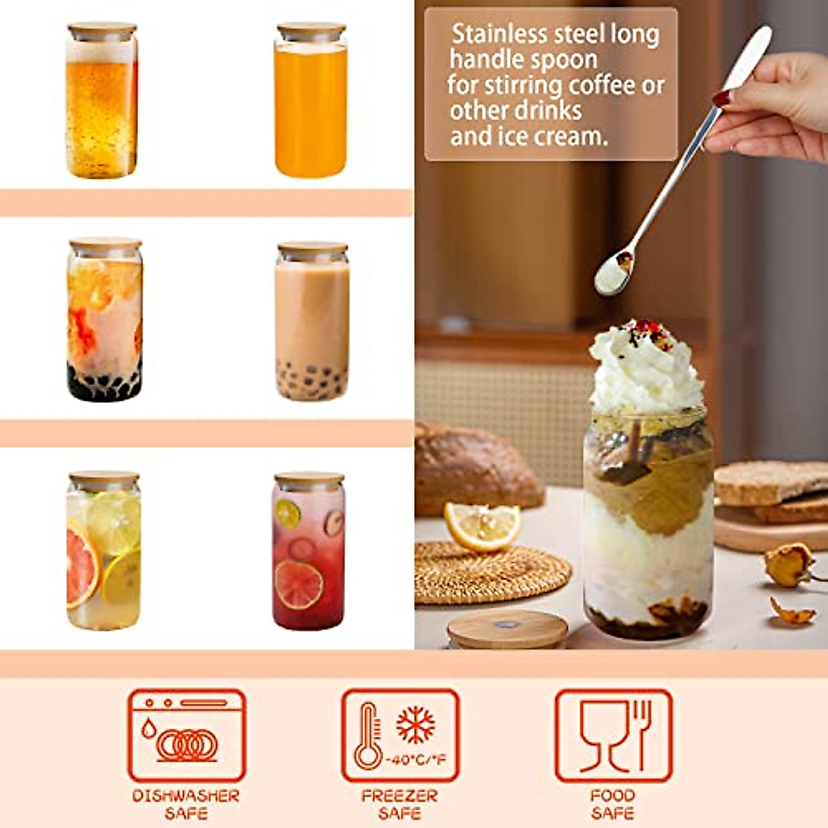 Tisovixo Beer Can Glass Drinking Glasses with Bamboo Lids and Straw,16oz Drinking Glass Cup 4pcs,Iced Coffee Cup Cocktail Glassware Bar Accessories,Beer Can Glass Tumbler Boba Cup with Lids and Straw