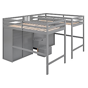 Double Loft Beds with Stairs and 2 Wardrobes, Twin Size Wood Loft Bed Frame with Large Storage Staircase and Closet for Two Kids Girls Boys Teens, No Box Spring Needed, Gray