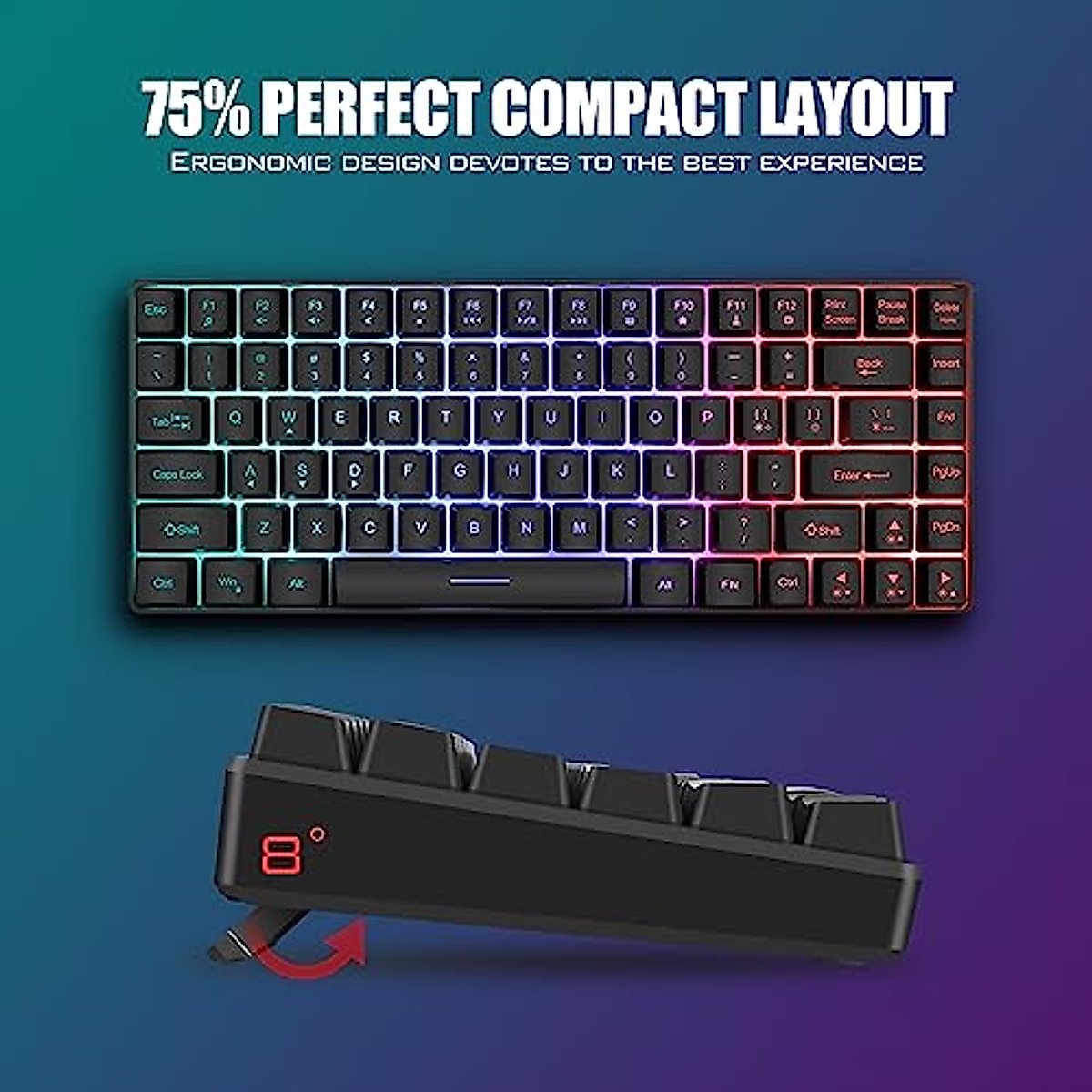RedThunder K84 Wireless Keyboard and Mouse Combo, Rainbow LED Backlit Rechargeable Battery, 75% Layout 84 Keys TKL Ultra Compact Gaming Keyboard & Lightweight 7200 DPI Honeycomb Optical Mouse (Black)