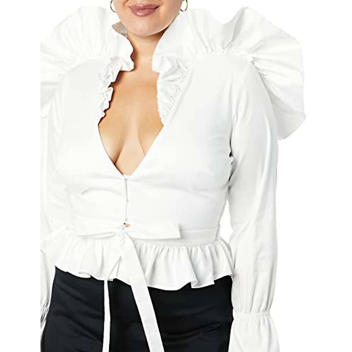 Making the Cut Season 3 Episode 1 Ruffle Long Sleeve Blouse Inspired by Sienna's Winning Look, White, XL