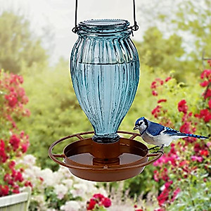 Juegoal Glass Wild Bird Waterer, 37 oz Wild Bird Feeder for Outdoors, Diamond Shaped Water Cooler with Metal Handle Hanging for Garden Tree Yard Outside Decoration, Gray-Blue