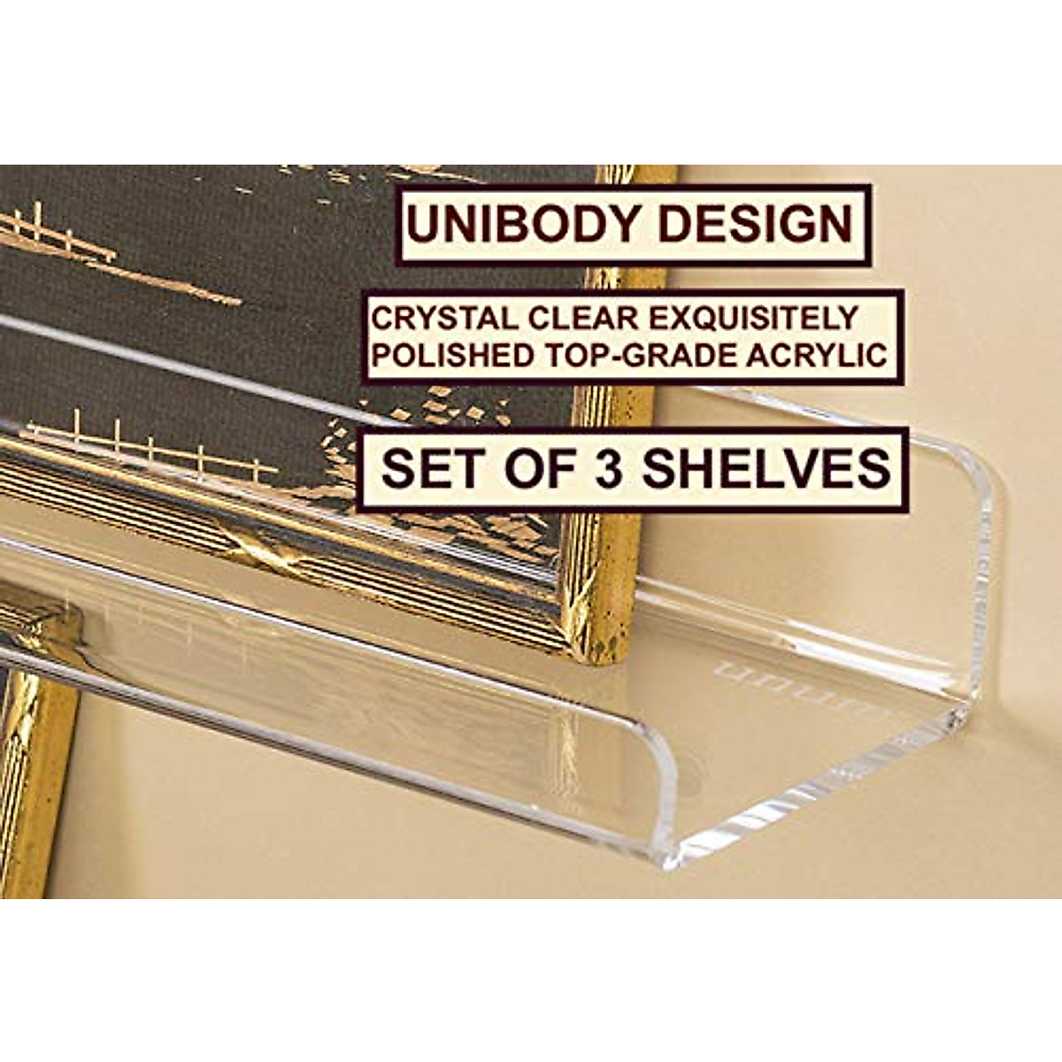 Unum Set of 3 15" Acrylic Floating Wall Ledges/Display Shelves – 5MM Thick Invisible Spice Racks - Crystal Clear Photo Ledge - Nursery/Kids' Bookshelf - 15" L x 4" D x 2" H (3-Pack)