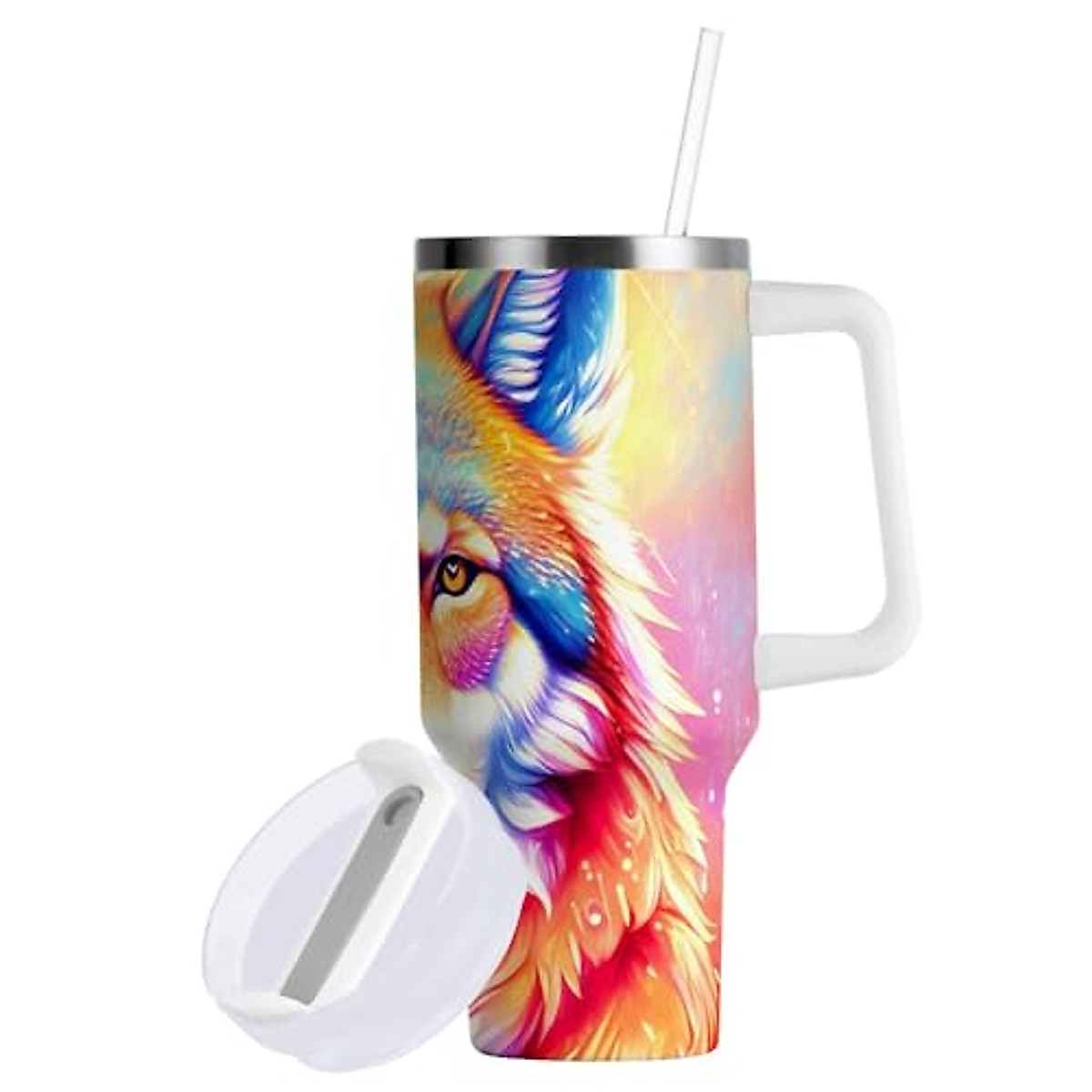 ODAWA 40oz Colorful Wolf Water Tumbler with Handle and Straw, 2 in 1 Lid Vacuum Insulated Tumbler