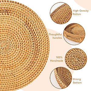 Rattan Tray, Round Rattan Serving Tray, Decorative Wicker Trays with Rattan Coasters and Wood Bead Garland, for Coffee Table Fruit, Bread Serving Basket (13.7 Inch)