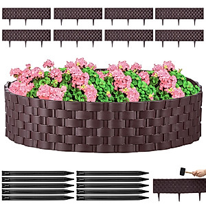 Sasylvia 8 Sets Faux Rattan Brown Landscape Edging Flexible Plastic Garden Border Decorative Lawn Edging Flower Bed Edging Borders with Anchoring Stakes and Hammer for Outdoor, 23.62 x 0.3 x 8.66 Inch