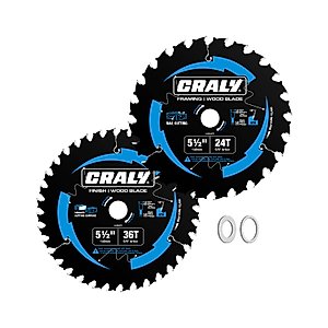 CRALY 5-1/2 Inch 24&36 Teeth Wood Cutting Framing/Fine Finish Circular Saw Blade, 5/8 Inch Arbor, Carbide Tipped, Thin Kerf, Black Ice Coating, for Plywood, MDF, OSB, Laminated, 2-Pack(C052436-2)
