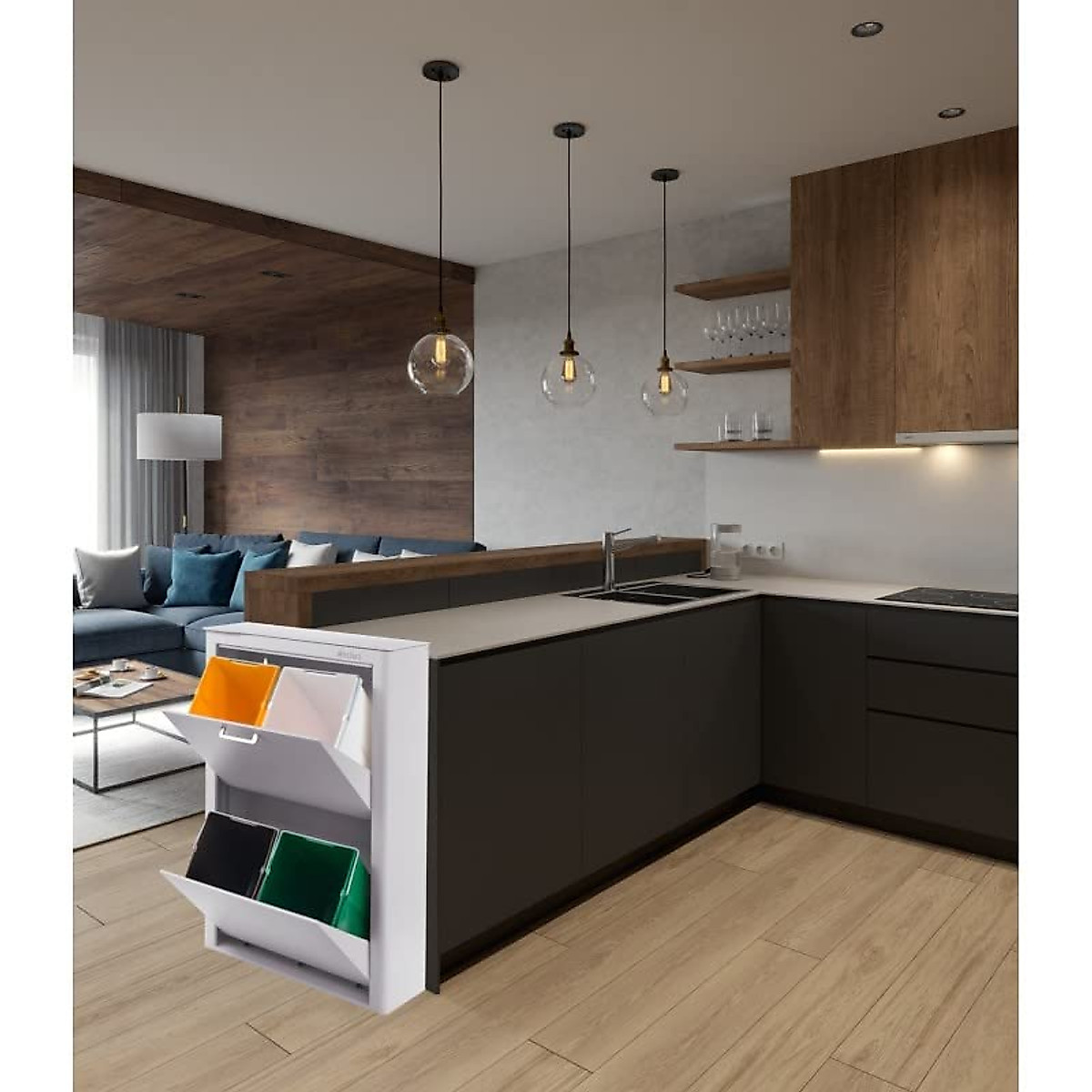 DON HIERRO - Cubek | Trash Can with Recycling Bin Combo | 20 Gallon Trash Bin | Multi Composting Bin Indoor Compost | Modern Trash Can for Home, Kitchen, Office Color Coded Bins Made in Spain