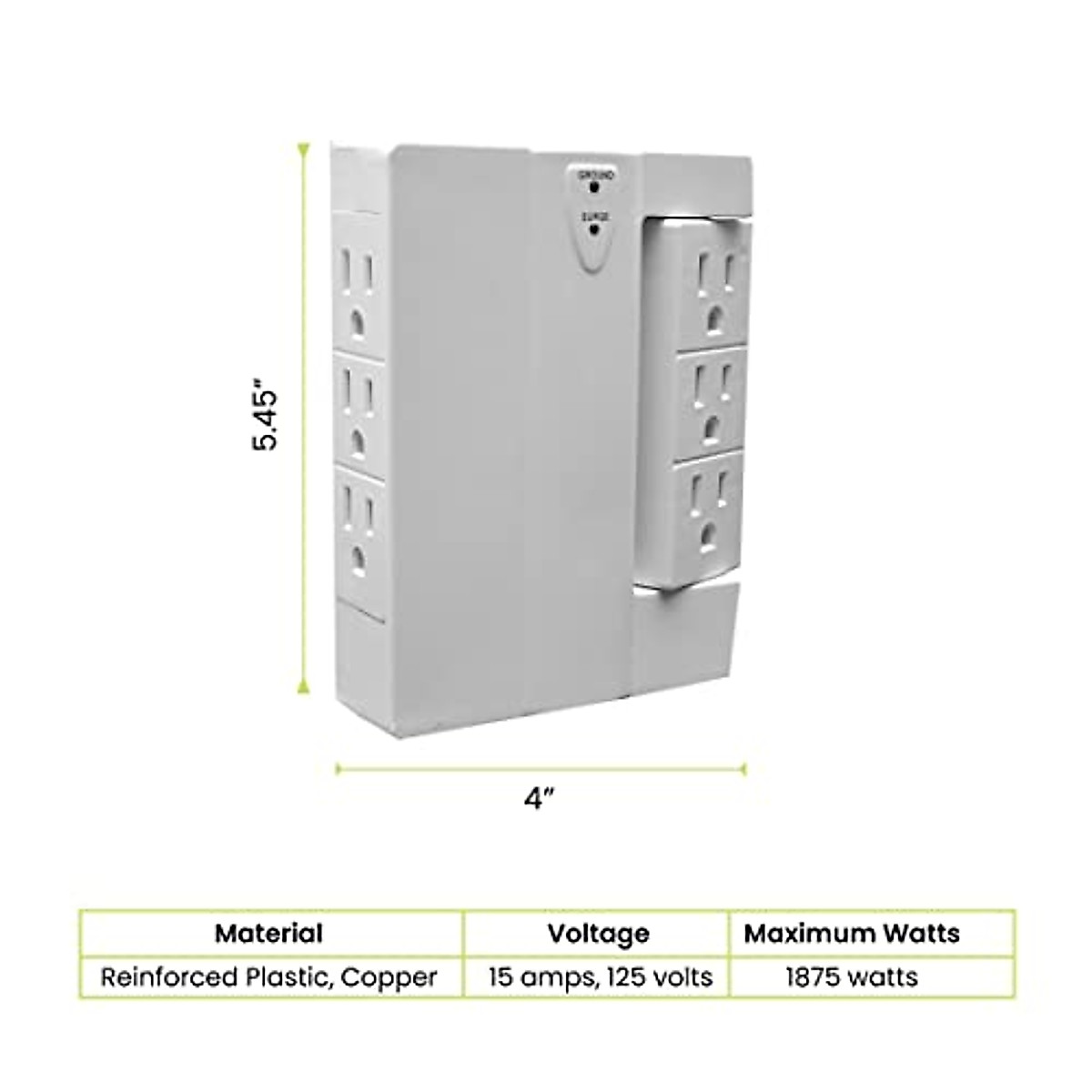 Go Green Power (GG-16310TSW) 6 Outlet Swivel Wall Tap with Surge Protection, White
