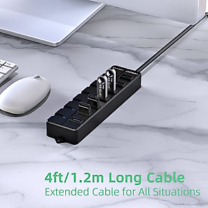 VEMONT USB hub,Computer Peripheral Equipment 7-Port USB 3.0 hub with 5V2A Power Adapter and Individual On/Off Switches,USB Charging hub 4ft/1.2m Long Cable