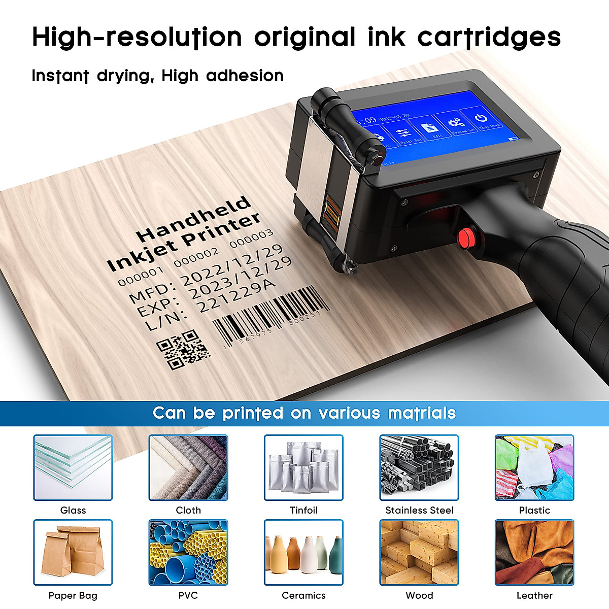 BESHENG Handheld Inkjet Printer JS12H1 with Touch Screen Inkjet Coder with Quick-Drying Ink Handheld Printer Printing Height 0.08-0.5Inch for Variable Text QRCode/Date/Barcode/Logo/Batch Number/Label