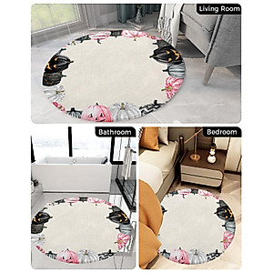 Halloween Fluffy Round Area Rug Carpets 3ft, Plush Shaggy Carpet Soft Circular Rugs, Non-Slip Fuzzy Accent Floor Mat for Living Room Bedroom Nursery Home Decor Pink Black Horror Pumpkin Plaid Dot