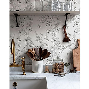 HomKihapai Vintage Wallpaper- Black and White Wallpaper Floral Peel and Stick Wallpaper Modern Bird Wallpaper for Bathroom Waterproof Contact Paper (Black and White, 118"X17.4")