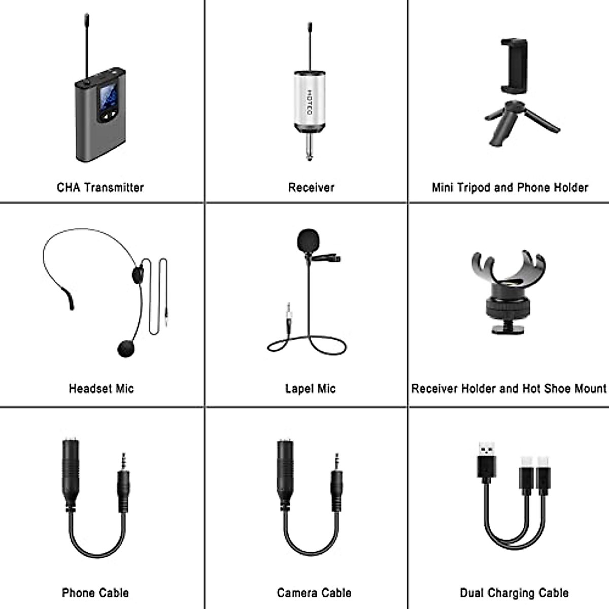 HOTEC UHF Wireless Headset Microphone/Lavalier Lapel Mic with Bodypack Transmitter and Mini Rechargeable Receiver 1/4" Output for Vlogging or Speech