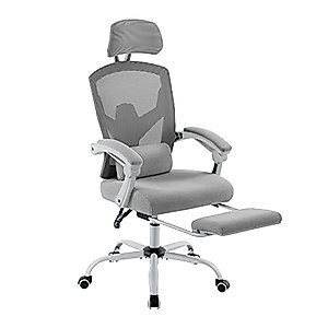 Sweetcrispy Ergonomic Lumbar Pillow and Retractable Footrest, Swivel Rolling Padded Armrests Headrest Height Adjustable Home Office, High Back Reclining Mesh Chair, Light Grey